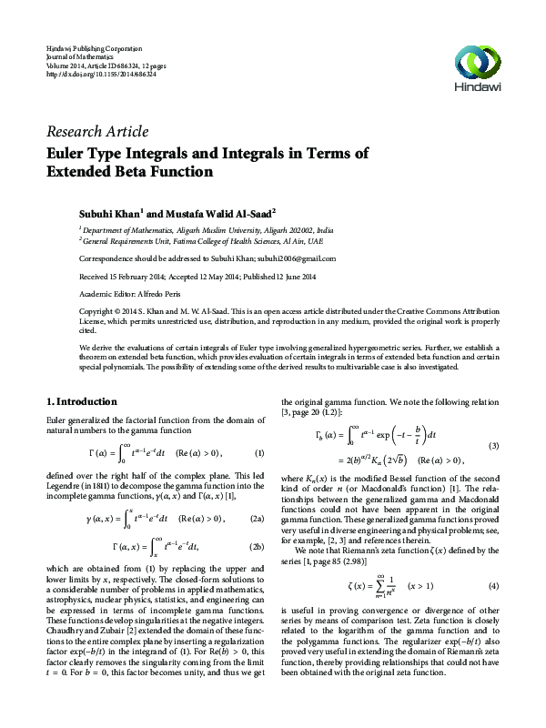 Pdf Euler Type Integrals And Integrals In Terms Of Extended Beta Function