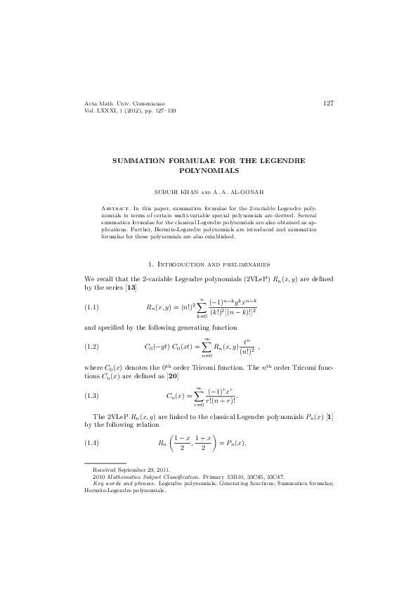 (PDF) Summation Formulae for the Legendre Polynomials