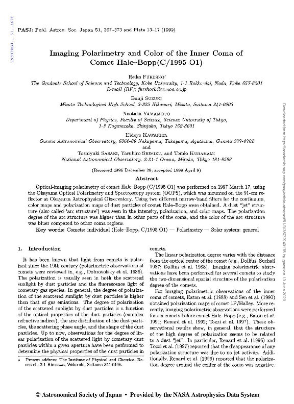 (PDF) Imaging Polarimetry and Color of the Inner Coma of Comet Hale ...