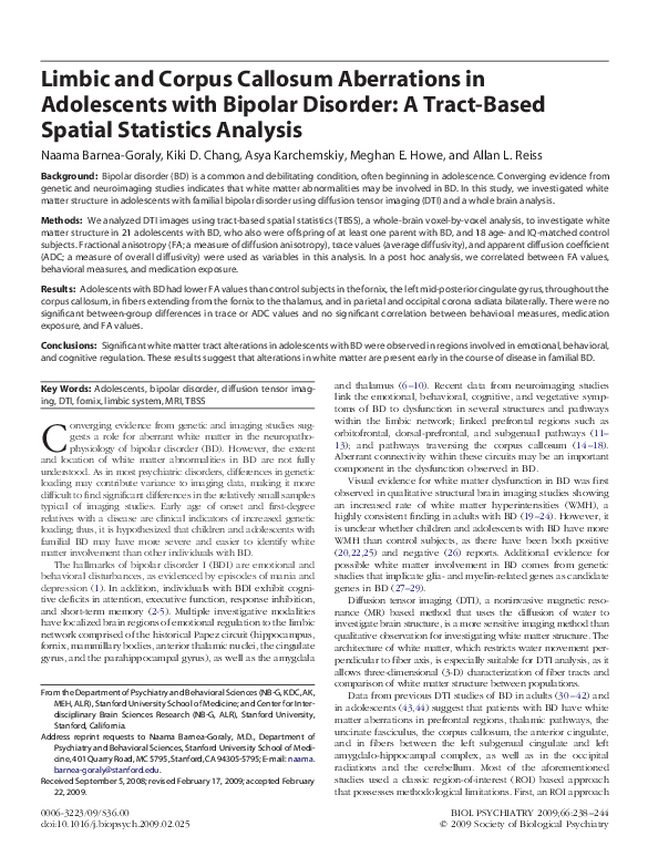 (PDF) Limbic and Corpus Callosum Aberrations in Adolescents with Bipolar Disorder: A Tract-Based ...