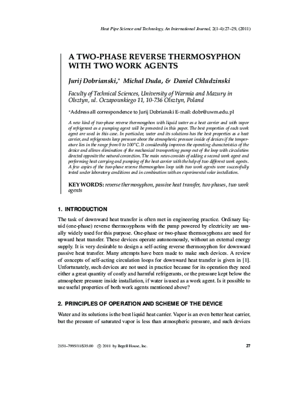 (PDF) A Two-Phase Reverse Thermosyphon with Two Work Agents