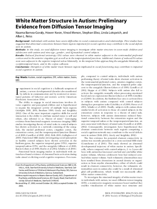 (PDF) White matter structure in autism: preliminary evidence from ...