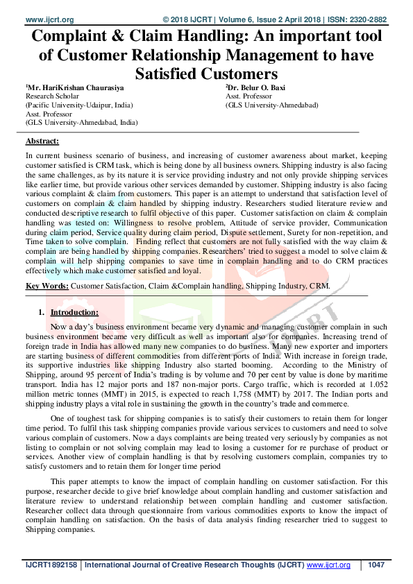 (PDF) Complaint & Claim Handling: An important tool of Customer ...