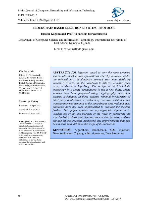(PDF) BLOCKCHAIN BASED ELECTRONIC VOTING PROTOCOL | Edison Kagona - Academia.edu