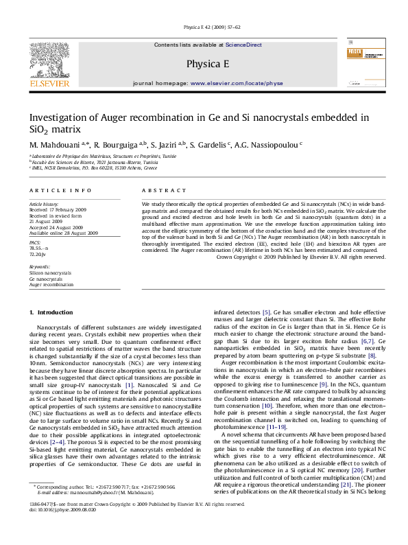Pdf Investigation Of Auger Recombination In Ge And Si Nanocrystals Embedded In Sio2 Matrix