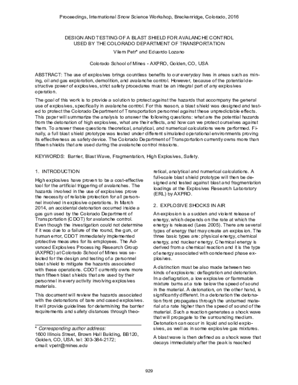 (PDF) Design and Testing of Blast Shield for Avalanche Control used by ...