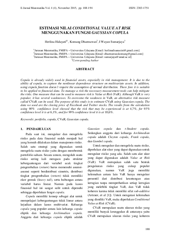 (PDF) Estimasi Nilai Conditional Value at Risk Menggunakan Fungsi Gaussian Copula