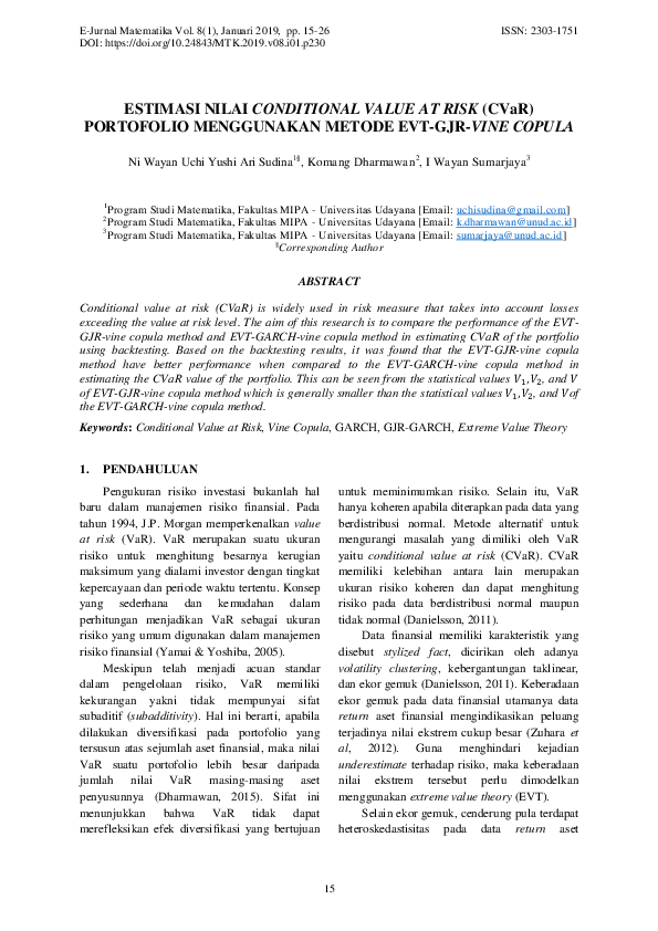 (PDF) ESTIMASI NILAI CONDITIONAL VALUE AT RISK (CVaR) PORTOFOLIO MENGGUNAKAN METODE EVT-GJR-VINE ...
