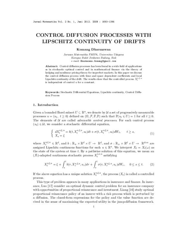 (PDF) Control Diffusion Processes with Lipschitz Continuity of Drifts