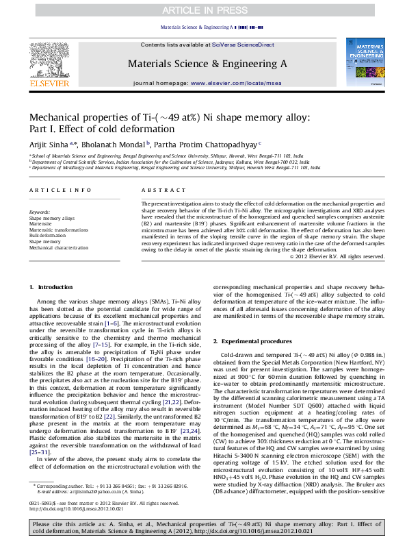 (PDF) Mechanical properties of Ti-(∼49at%) Ni shape memory alloy: Part I. Effect of cold deformation