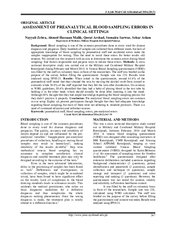 (PDF) Assessment Of Preanalytical Blood Sampling Errors In Clinical Settings