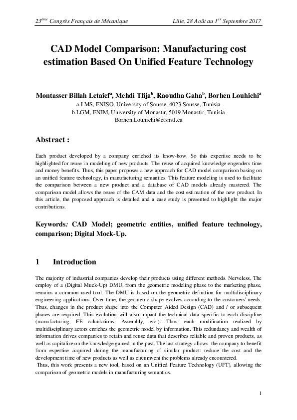 (PDF) CAD Model Comparison : Manufacturing cost estimation Based On ... (PDF) CAD Model Comparison : Manufacturing cost estimation Based On ...