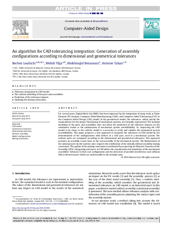 (PDF) An algorithm for CAD tolerancing integration: Generation of assembly configurations ...