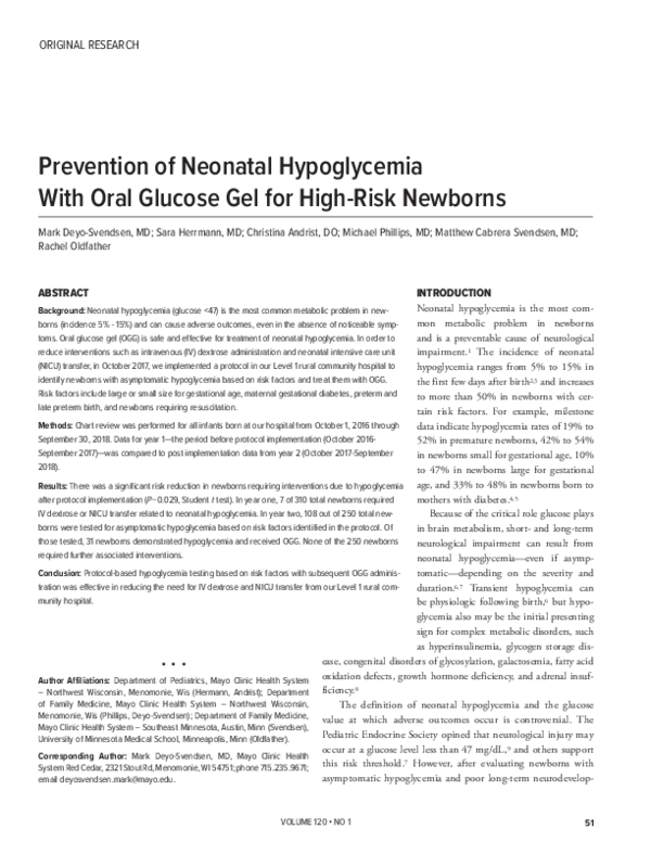 (PDF) Prevention of Neonatal Hypoglycemia With Oral Glucose Gel for ...