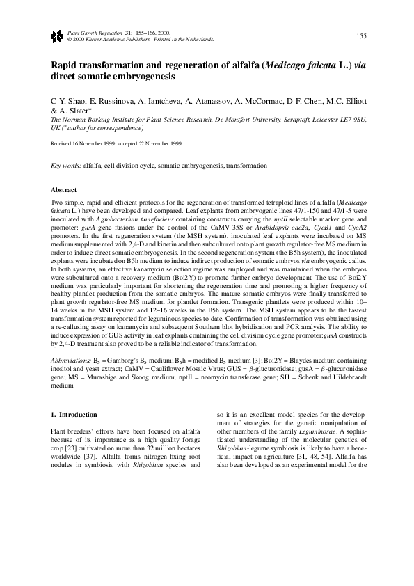 (PDF) Rapid transformation and regeneration of alfalfa (Medicago ...
