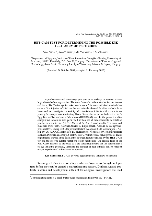 (PDF) HET-CAM test for determining the possible eye irritancy of pesticides
