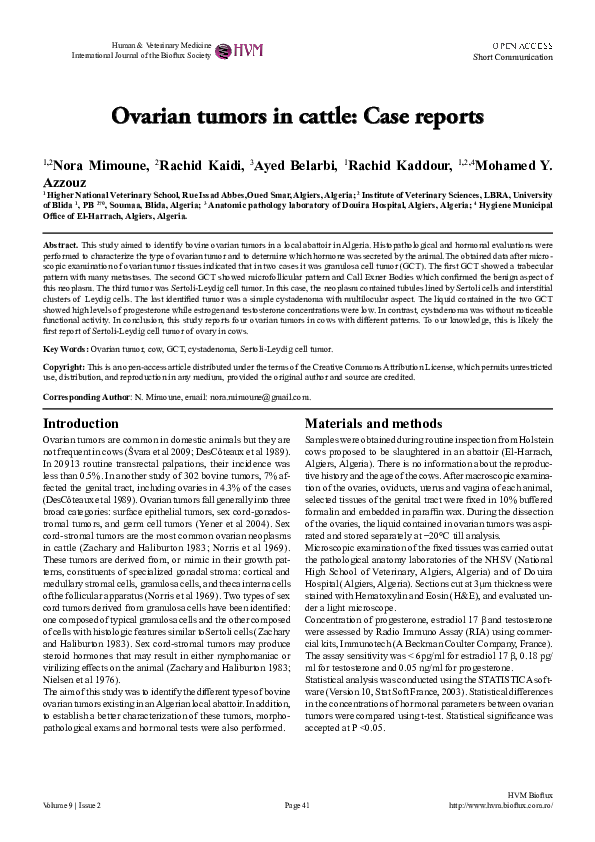 (PDF) Ovarian tumors in cattle: Case reports | Nora Mimoune - Academia.edu