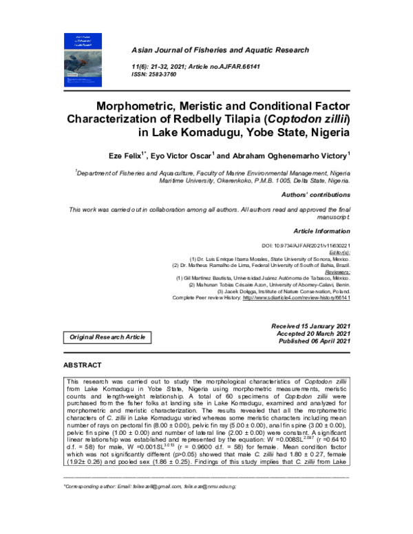 (PDF) Morphometric, Meristic and Conditional Factor Characterization of ...