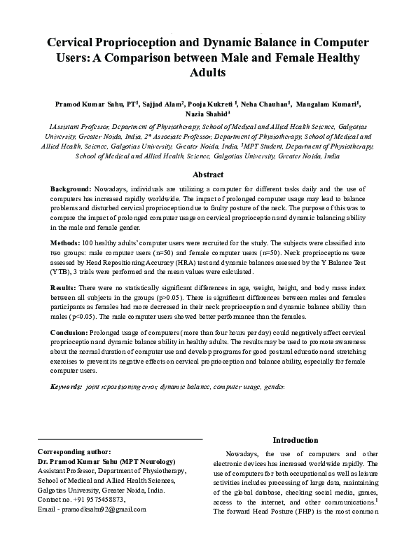 Pdf Cervical Proprioception And Dynamic Balance In Computer Users A