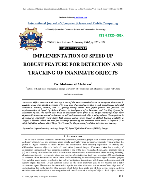 (PDF) Implementation of Speed Up Robust Feature for Detection and Tracking of Inanimate Objects
