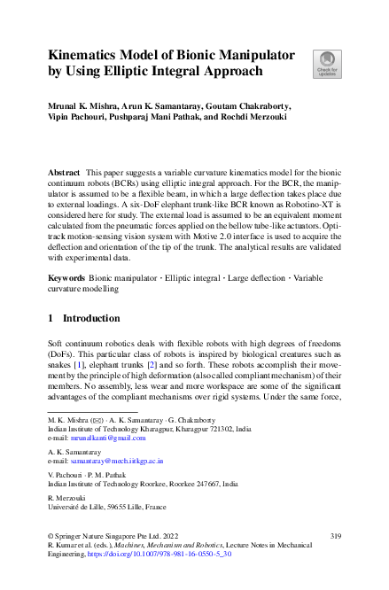 (PDF) Kinematics Model of Bionic Manipulator by Using Elliptic Integral Approach | Vipin ...