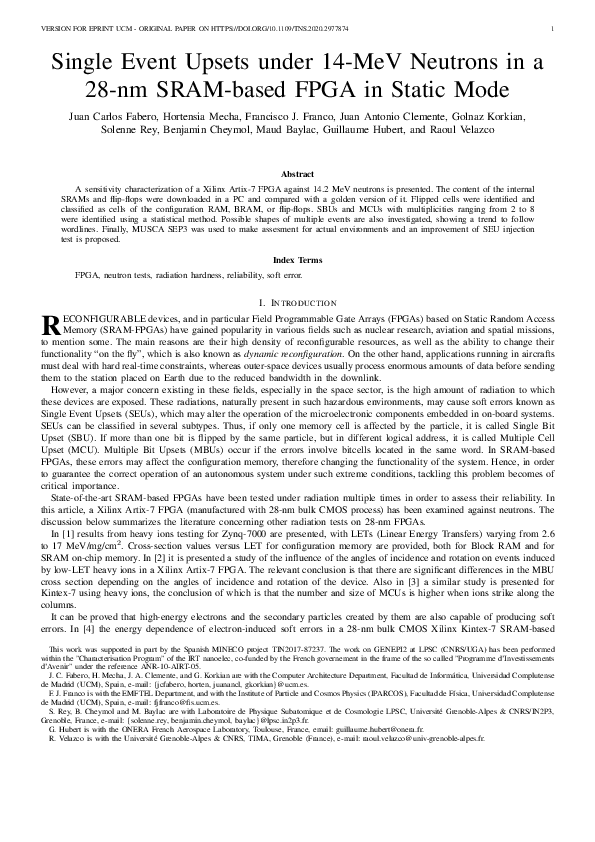 (PDF) Single Event Upsets under 14-MeV Neutrons in a 28-nm SRAM-based FPGA in Static Mode