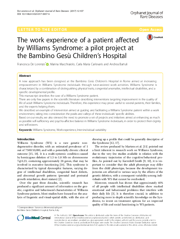 (PDF) The work experience of a patient affected by Williams Syndrome: a ...