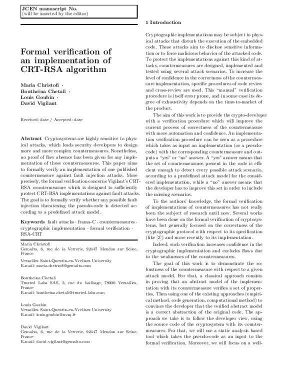 (PDF) Formal verification of an implementation of CRT-RSA algorithm