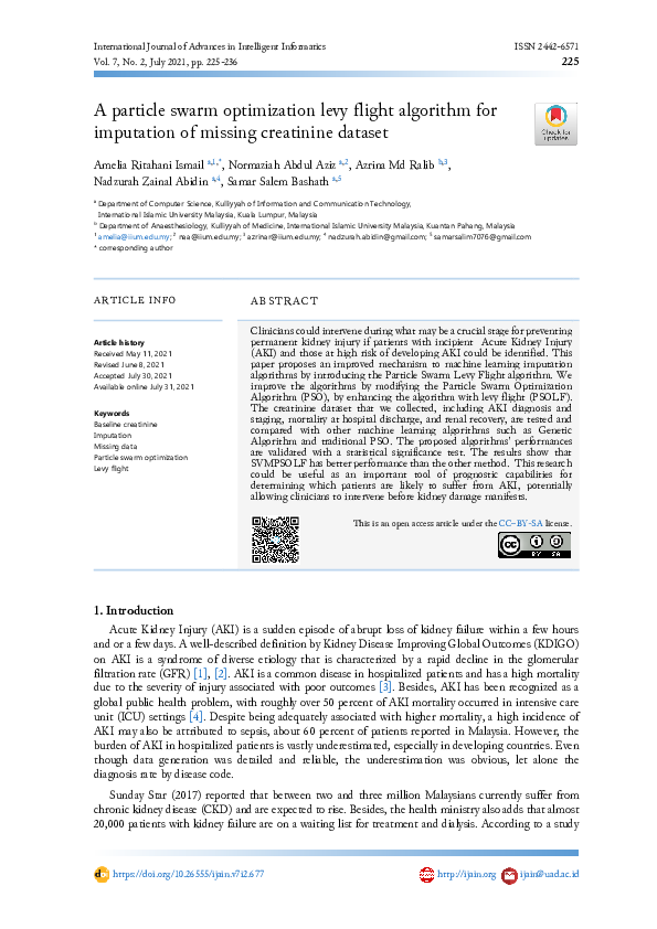 Pdf A Particle Swarm Optimization Levy Flight Algorithm For Imputation Of Missing Creatinine
