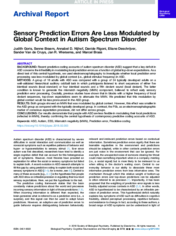 Pdf Sensory Prediction Errors Are Less Modulated By Global Context In Autism Spectrum Disorder