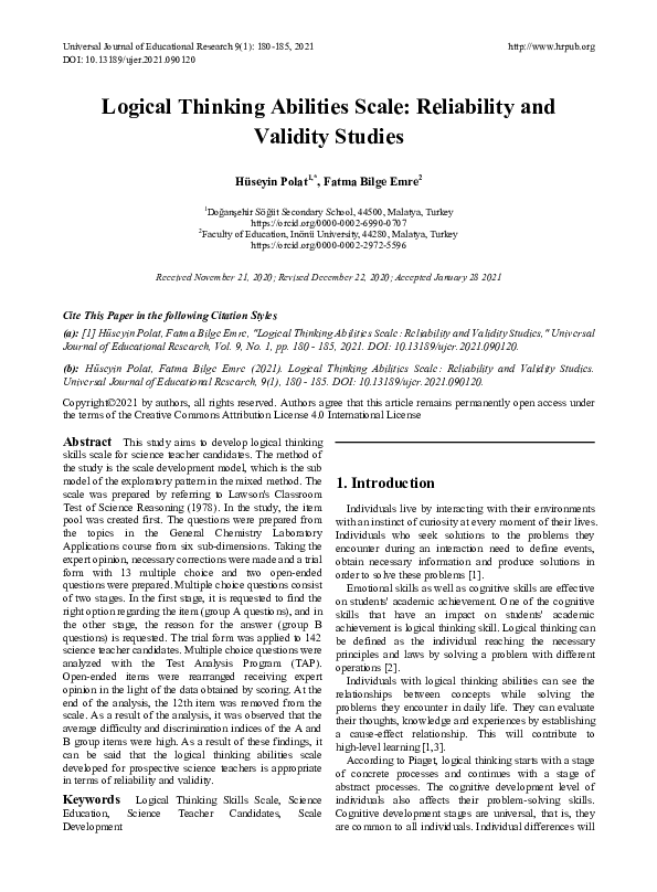 (PDF) Logical Thinking Abilities Scale: Reliability and Validity Studies
