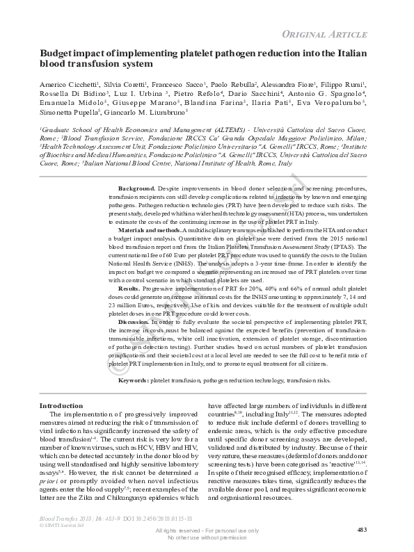 (PDF) Budget impact of implementing platelet pathogen reduction into ...