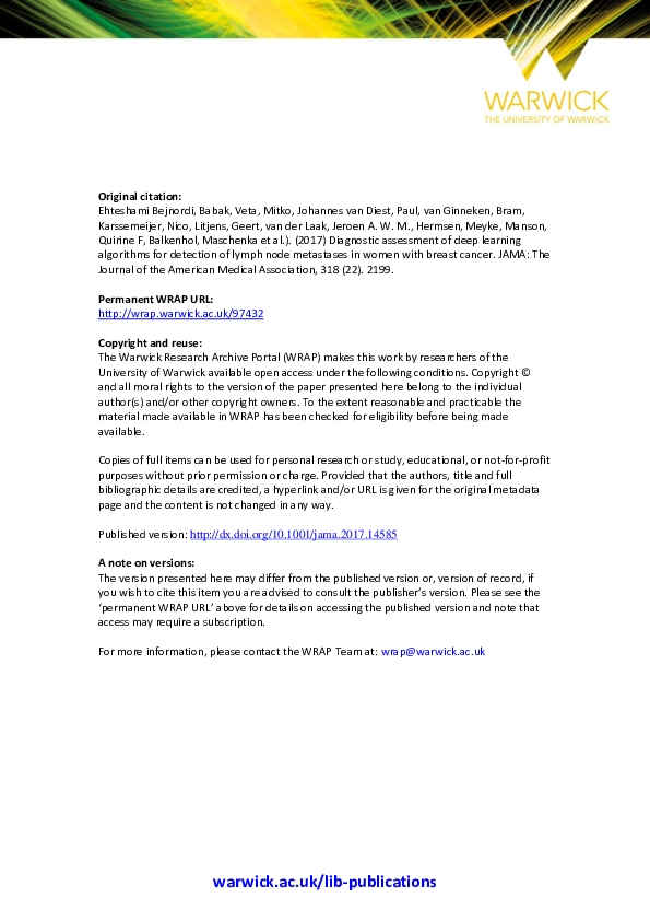 Pdf Diagnostic Assessment Of Deep Learning Algorithms For Detection Of Lymph Node Metastases