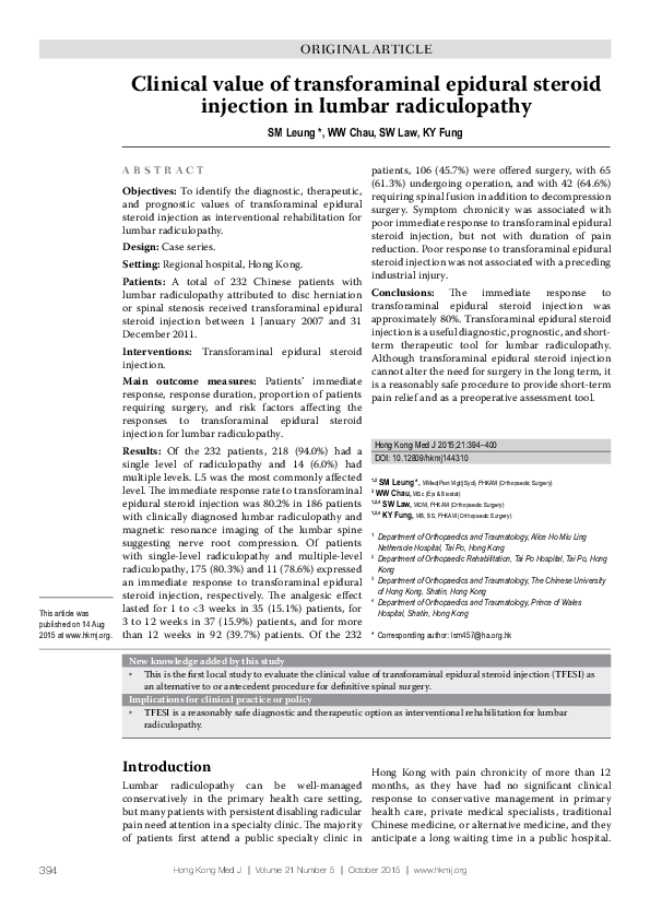 (PDF) Clinical value of transforaminal epidural steroid injection in ...