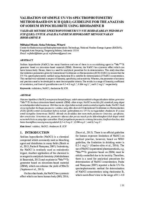 (PDF) Validation of Simple Uv-Vis Spectrophotometry Method Based on Ich Q2 (R1) Guideline for ...