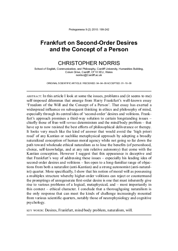 (PDF) Frankfurt on Second-Order Desires and the Concept of a Person