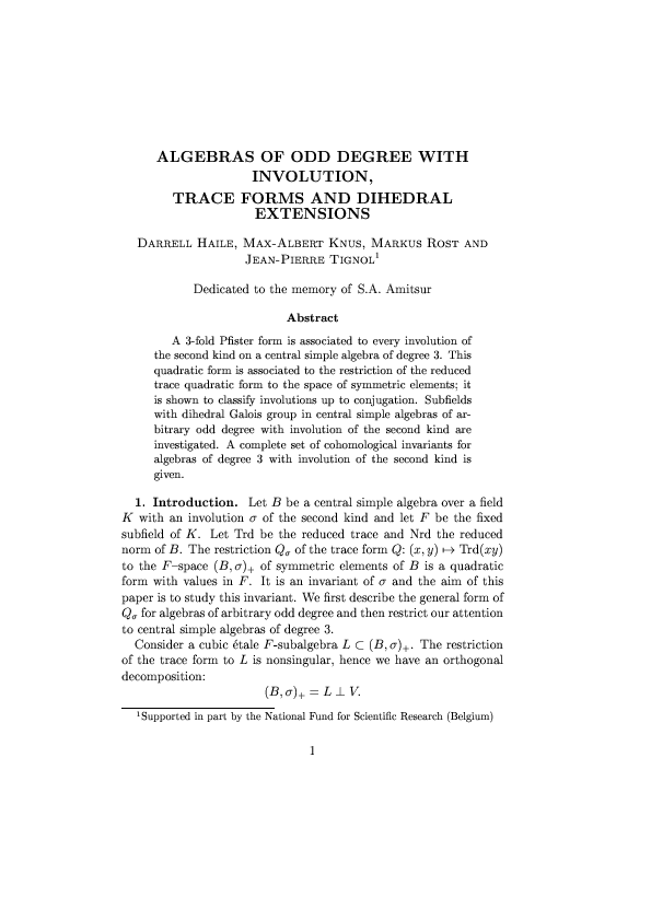 (PDF) Algebras of odd degree with involution, trace forms and dihedral ...