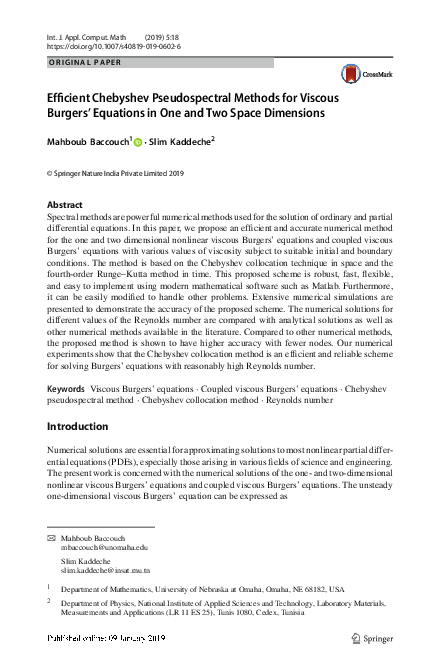 (PDF) Efficient Chebyshev Pseudospectral Methods for Viscous Burgers’ Equations in One and Two ...