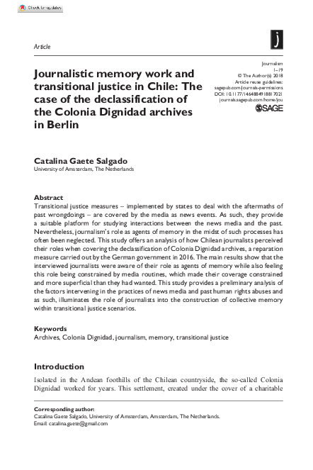 (PDF) Journalistic memory work and transitional justice in Chile: The ...