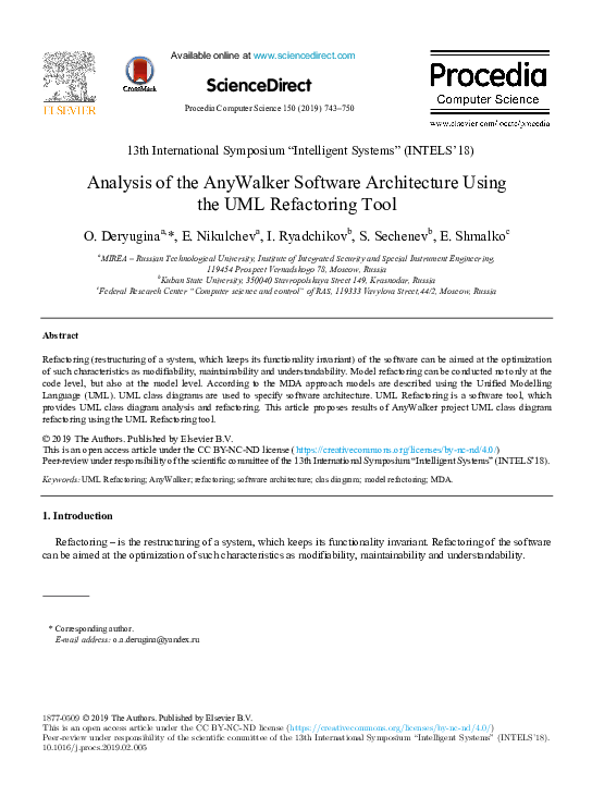 (PDF) Analysis of the AnyWalker Software Architecture Using the UML Refactoring Tool