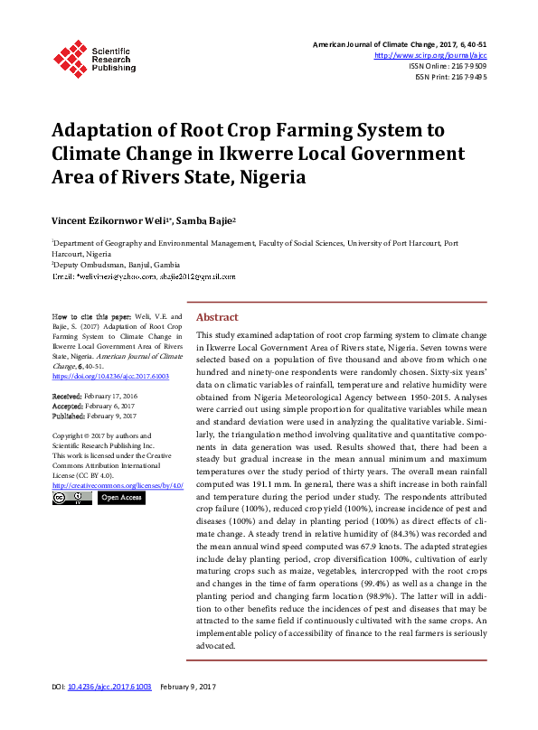 (PDF) Root Crop Farming System and Climate Change in Sub- Saharan Africa