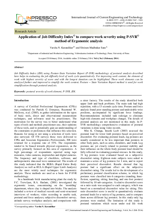 (PDF) Application of Job Difficulty Index© to compare work severity ...