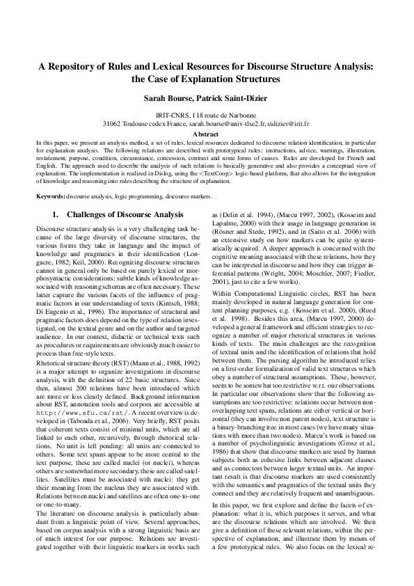 Pdf A Repository Of Rules And Lexical Resources For Discourse Structure Analysis The Case Of