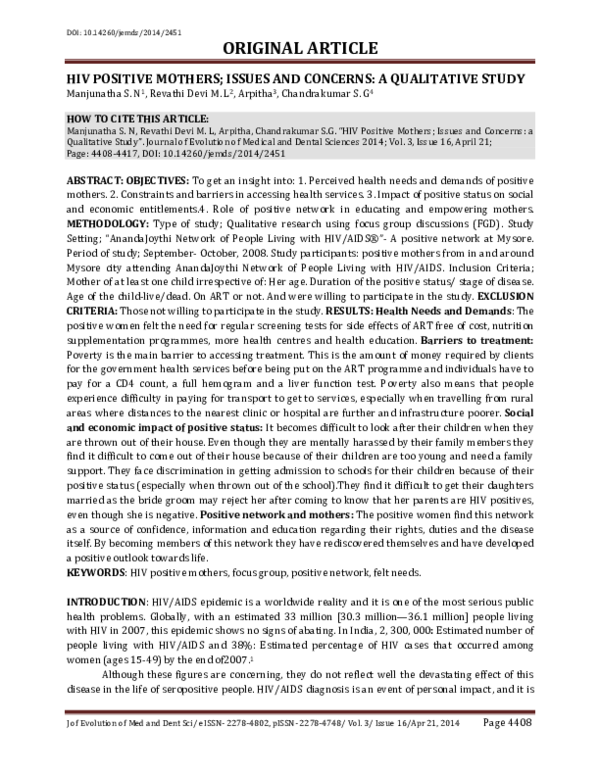 (PDF) Hiv Positive Mothers; Issues and Concerns: A Qualitative Study