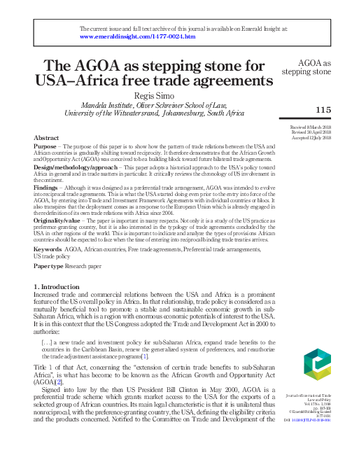 (PDF) The AGOA as stepping stone for USA–Africa free trade agreements