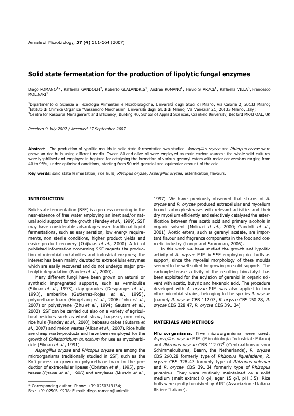 (PDF) Solid state fermentation for the production of lipolytic fungal enzymes