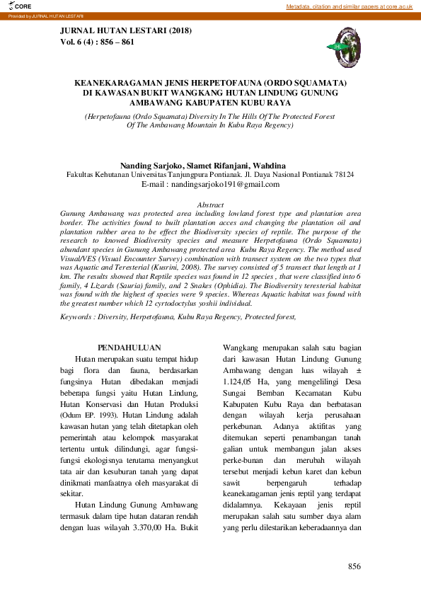 (PDF) Keanekaragaman Jenis Herpetofauna (Ordo Squamata) DI Kawasan ...