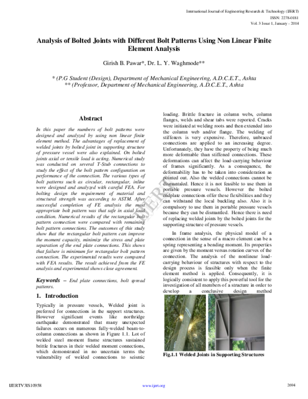 Pdf Analysis Of Bolted Joints With Different Bolt Patterns Using Non Linear Finite Element