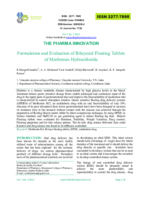 Pdf Formulation And Evaluation Of Bilayered Floating Tablets Of Metformin Hydrochloride