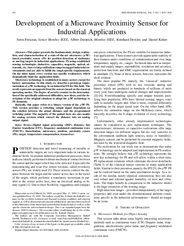 (PDF) Development of a Microwave Proximity Sensor for Industrial ...